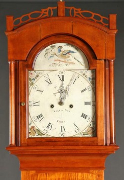 Tall Case Clock; American, Hepplewhite, English Works Agar & Son, Mixed Woods, Fretwork Crest ...
