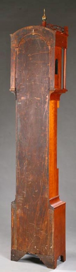 Tall Case Clock; American, Hepplewhite, English Works Agar & Son, Mixed Woods, Fretwork Crest ...