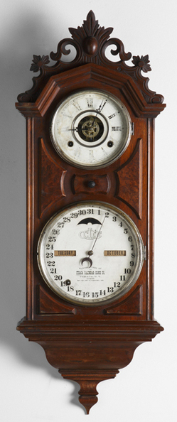 Calendar Clock; Ithaca, Library No 6, Walnut, Wall, 8 Day, 32 inch.