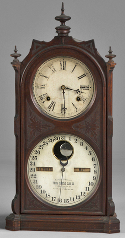 Calendar Clock; Ithaca, Cottage, No 9, Double Dial, Walnut, 23 inch.