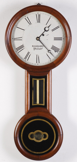 Regulator Clock; Riggs Brothers, Figure 8, Wall, Walnut, 33 inch.