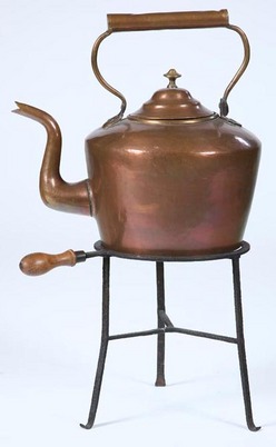 Kettle; Tea, Copper, Gooseneck, Dovetailed, Iron Tripod Stand.