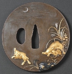 Sword Accessory; Tsuba, Shakudo, Wild Boar, Gold & Metal Inlay.