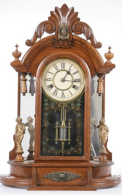 Shelf Clock; New Haven, Occidental, 8-Day, Walnut, 24 inch.