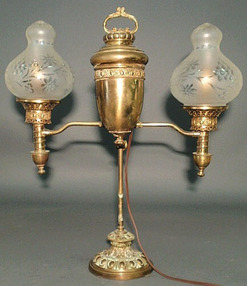 Argand Lamp; Brass, Double Arm, Etched Shades, 24 inch.