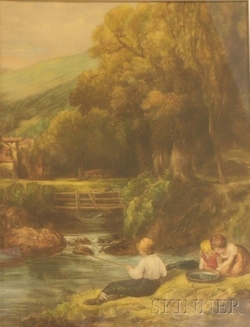 James, Clifford R; Mezzotint, signed, Children on a River Bank.