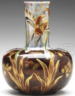 Art Pottery; Galle (Emile), Faience, Vase, Floral & Insects Decoration ...