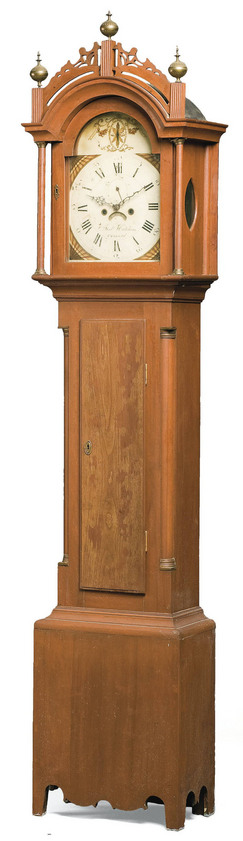 Tall Case Clock; New Hampshire, Hepplewhite, Hutchins (Abel), Birch, Arch Top, Fretwork, Painted ...