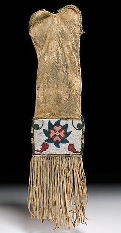 Bag; Cree, Tobacco, Beaded Hide, Floral Design, 21 inch.