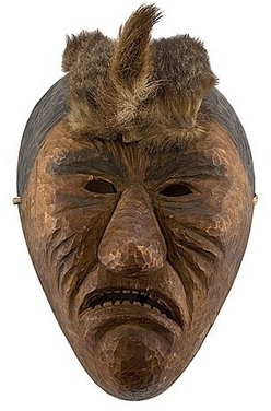 Mask; Cherokee, Carved Wood, Deer Fur, 11 inch.