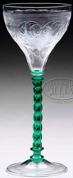Steuben Glass; Goblet, Noyon Pattern, Floral, Twisted Green Stem, 10 inch.