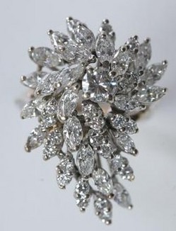 Ring; 14K White Gold Waterfall, 48 Diamond Cluster.