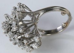 Ring; 14K White Gold Waterfall, 48 Diamond Cluster.