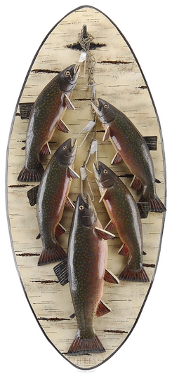 Carving; Irvine (Lawrence C), Brook Trout Stringer, Bark Plaque, 5 Fish ...