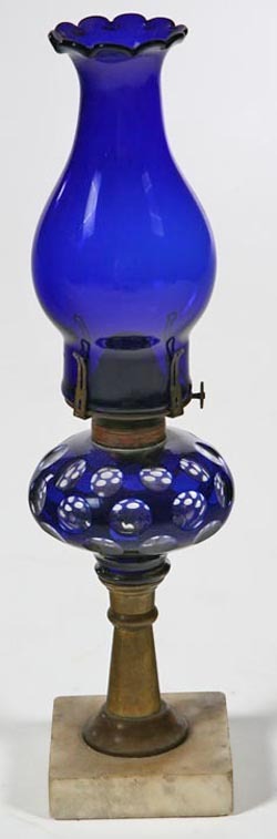 Oil Lamp; Sandwich Glass?, Overlay, Cobalt Cut to Clear, Marble Base ...