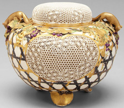 Satsuma Pottery; Japanese, Censer, Ovoid Form, Tree Shrews & Grapevines ...