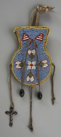 Bag; Sioux, Pouch, Beaded Hide, Flags & Floral Design, 4 inch.