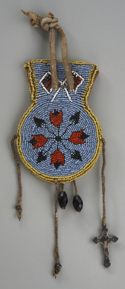 Bag; Sioux, Pouch, Beaded Hide, Flags & Floral Design, 4 inch.