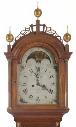 Tall Case Clock; Massachusetts, Federal, Willard (Aaron), Mahogany, Arched Bonnet, Fretwork, 99 ...