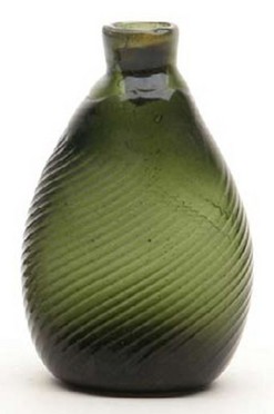 Flask; Miniature, Pitkin Glass Works, 30 Ribs-Right, Green, 4 inch.