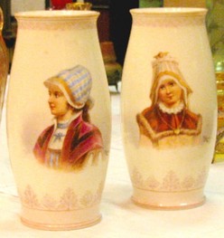 Bohemian Glass; Ahne, Vases (2), Girls Portraits, Opaline, 11 inch.