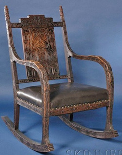 Furniture: Chair-Rocking; Tlingit Style, Walnut, Stepped Crest, Carved ...
