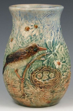 Weller Pottery; Glendale, Vase, Nesting Birds, 7 inch.