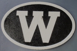 Railroad; Station Sign, Whistle Stop, Oval W, Cast Iron, 29 inch.