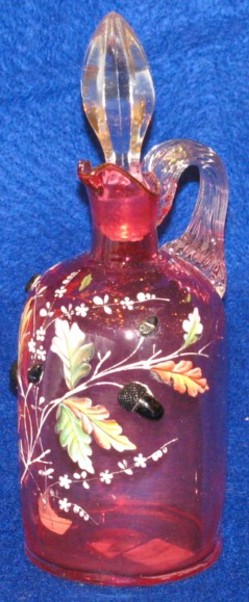 Moser Glass; Cruet & Stopper, Acorns & Leaves, Cranberry, 7 inch.
