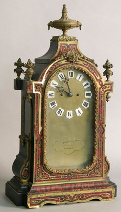 Bracket Clock; English, Boulle Work, Ormolu, Urn Finials, 22 inch.