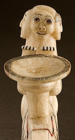 Pipe; Eskimo, Ivory, Four Face Finial, Loons & Whales Stem, 15 inch.