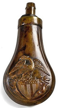Powder Flask; Brass, Eagle Perched on Shield.