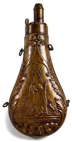 Powder Flask; Copper, Hunter, Bear & Dogs.