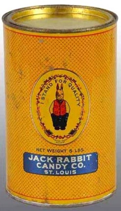 Tin-Candy; Jack Rabbit, Canister, Yellow Ground, 9 inch.