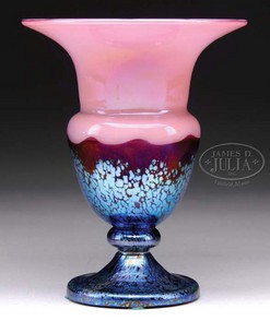 Loetz Glass; Vase, Flaring, Pink, Platinum & Blue Oil Spots, 7 inch.