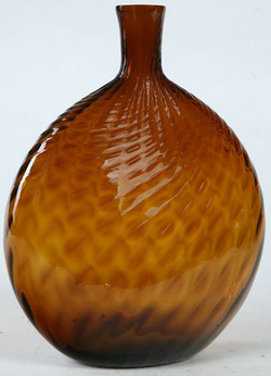 Flask; Pitkin Type, Zanesville, Broken Swirled Ribs, Amber, 9 inch.