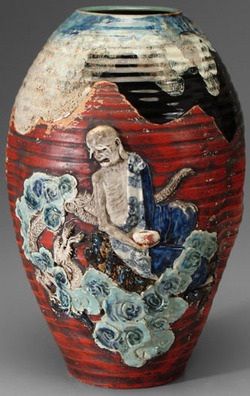 Pottery; Japanese, Sumida Gawa, Vase, Ribbed, Lohan & Dragon, Flambe ...