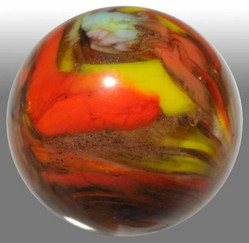 Marble; Christensen Agate Co, Guinea, Cobra, Orange/Green/Yellow/Blue.