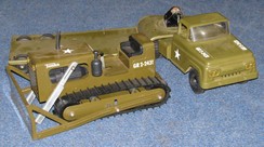 Toy Truck; Tonka, Army Lowboy Truck & Trailer, Giant Bulldozer.