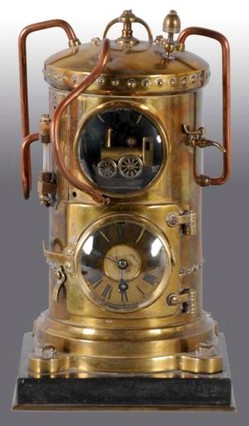 Industrial Clock; French, Steam Boiler, Locomotive, Brass, 10 inch.