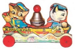 Pull Toy; Gong Bell, Kitty Kraft Bell Toy, No 826, Wood, Paper Litho.