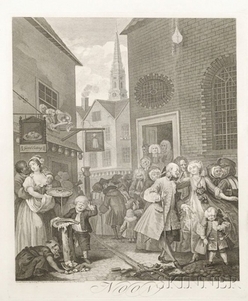 Hogarth, William; Engraving (4), inscribed 1738, Morning, Noon, Evening ...
