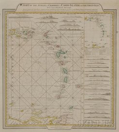 Nautical Chart; De La Rochette, Caribbean Islands, Hand-Colored, ca ...