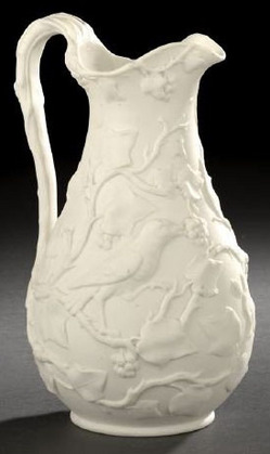 Parian Porcelain; English, Pitcher, Thieving Birds Decoration, 9 inch.