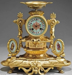 Mantel Clock; Mourey (PH), Medallions, Gilt Metal & Porcelain, 14 inch.