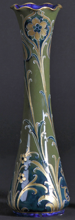 Moorcroft Pottery; Macintyre, Vase, Floral, Fluted, Green, 12 inch.