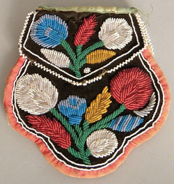 Handbag-Purse; Native American?, Floral-Beaded, Brown Ground, 6 inch.