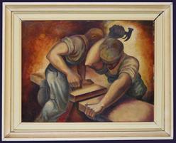 Orzechowski, Edward; Oil on Masonite Painting, signed, Carpenters at ...
