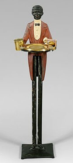 Smoking Stand; Black Butler with Tray, Cast Iron, Brass Tray, 33 inch.