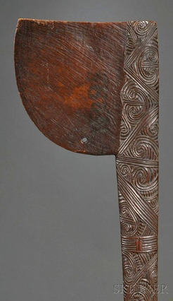 Club; Maori, Tewhatewha, Hatchet Form, Scroll Carved, Janus Mask, 50 inch.